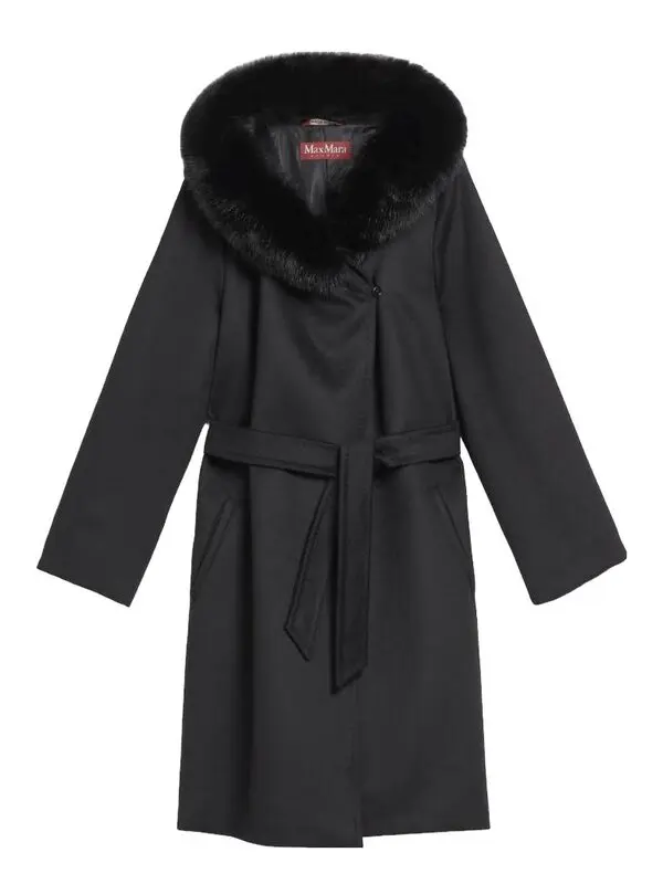 Max Mara Hooded Wool Coat With Fox Fur Trim - Black