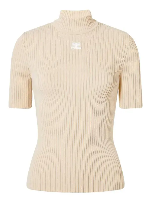 COURREGES Ribbed Turtleneck Short Sleeve Sweater - Nude
