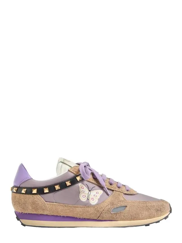 Valentino Garavani Stud Up Sneakers In Split Leather And Nylon With Butterfly Embroidery - Multi-color