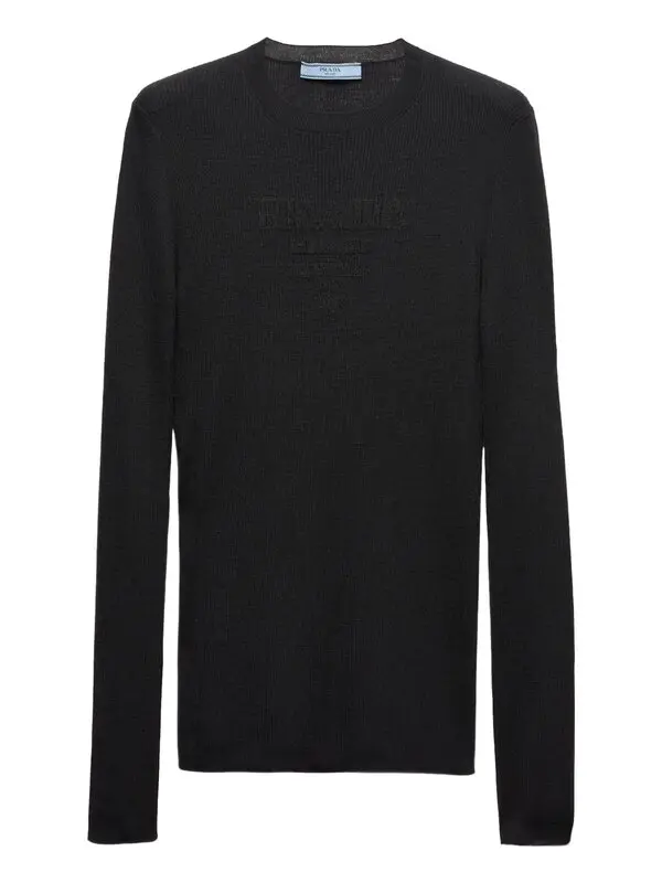 Prada Superfine Wool Crew-neck Sweater With Logo Embellishment - Black