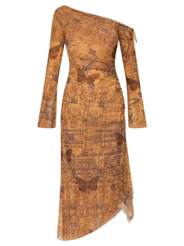 MISBHV Graphic Printed Asymmetrical Midi Dress - Brown