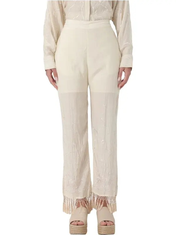 SEMICOUTURE Embroidered Trousers With Fringe Detail - Nude