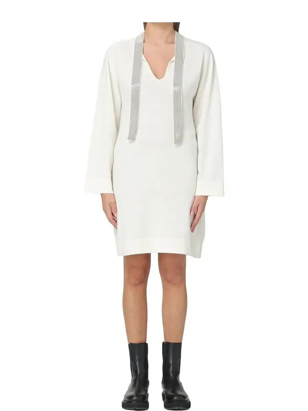 Fabiana Filippi Long Sleeve V-neck Dress - Beige