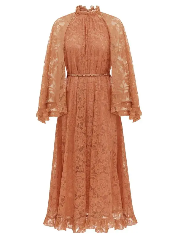 Zimmermann Lace Midi Dress With Ruffled Cuffs And Belt - Brown