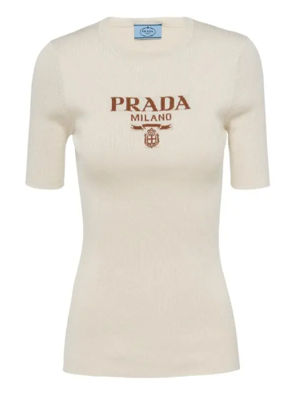 Prada Silk Crew-neck Sweater With Logo - Ivory