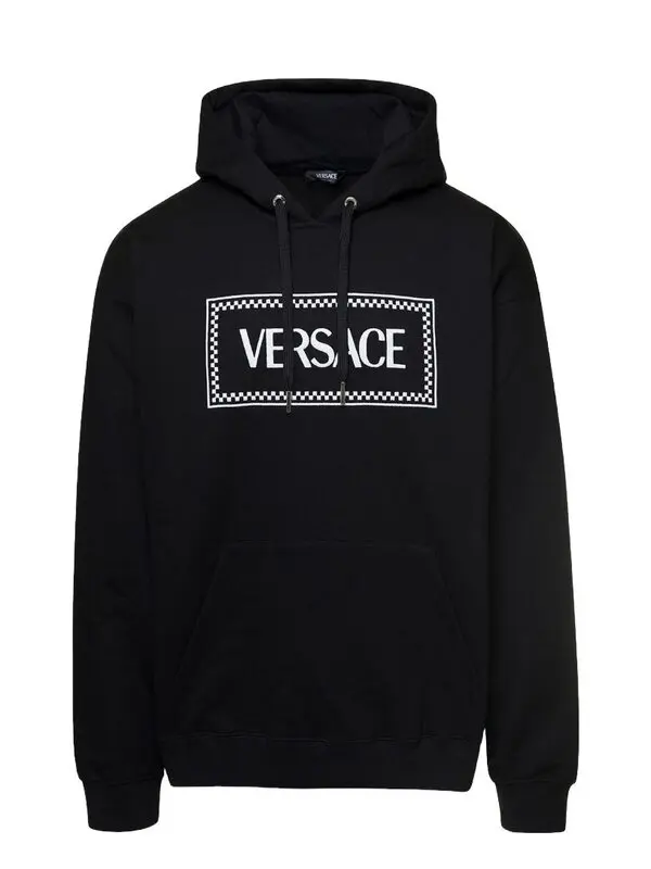 Versace Logo Drawstring Hoodie - Black