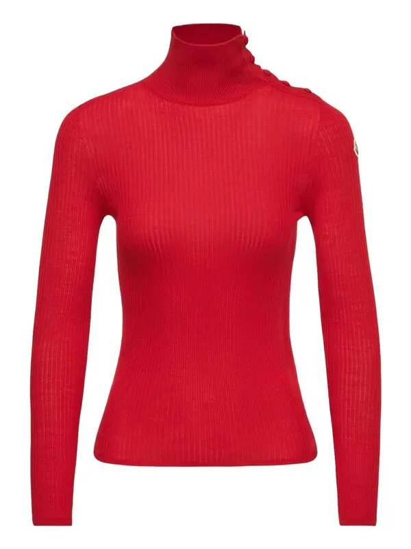 Moncler Ribbed Wool Turtleneck With Snap Button Detail - Red