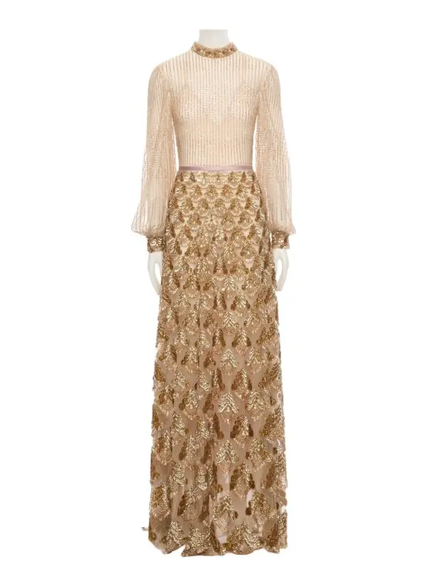 Valentino Garavani Embellished Long-sleeved Gown - Nude