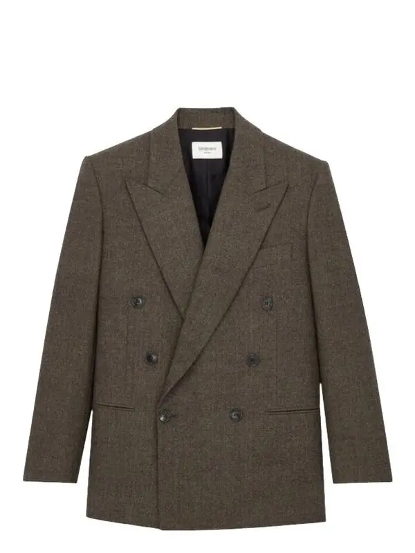 Saint Laurent Double-breasted Jacket In Herringbone Wool - Black