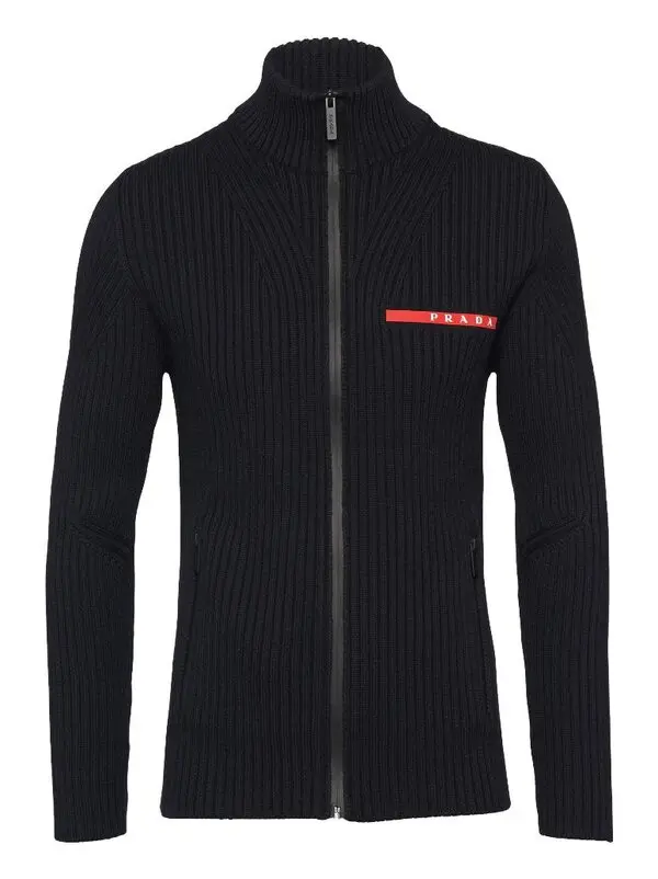 Prada Ribbed Knit Zip-up Cardigan With Logo - Black