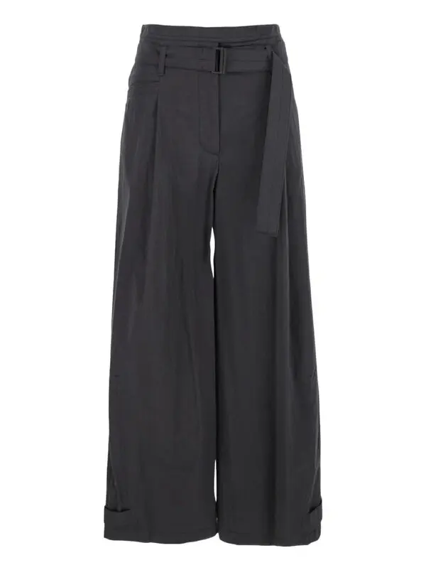 LOW CLASSIC Belted Pleated Wide Leg Cotton Blend Pants - Grey