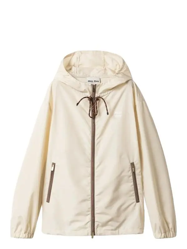 Miu Miu Technical Fabric Blouson Jacket With Drawstring Hood And Zip Closure - Vanilla