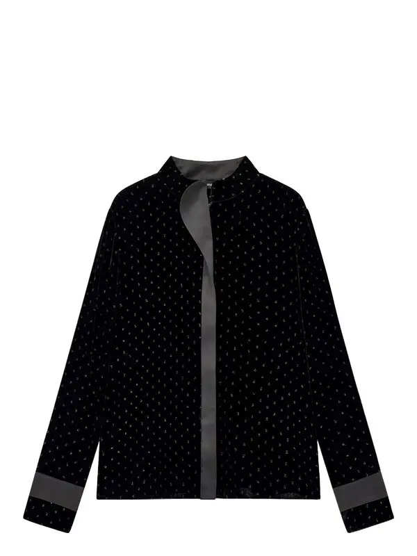 Emporio Armani Velvet Blouse With Glitter Polka Dots And Satin Trim - Black