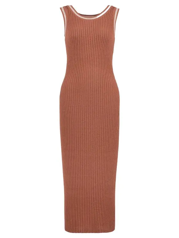 TOD'S Sleeveless Ribbed Knit Maxi Dress With Contrasting Piping - Brown