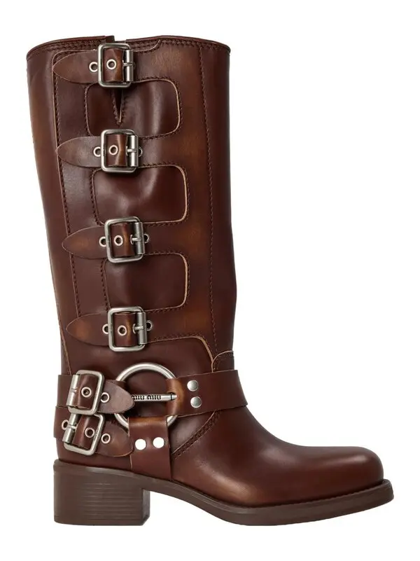 Miu Miu Leather Mid-calf Biker Boots With Buckle Detail - Brown