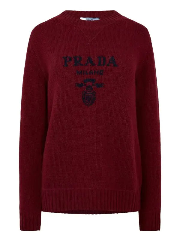 Prada Crew Neck Knit Sweater With Embroidered Graphic - Red