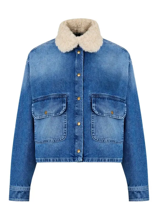 Moncler Cropped Denim Trucker Jacket With Shearling Collar - Blue