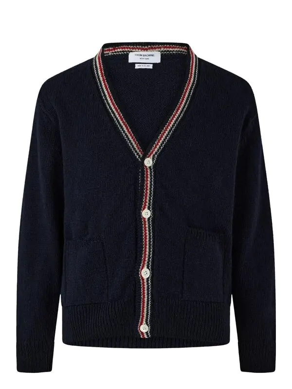 Thom Browne V-neck Knit Cardigan With Striped Piping And Embroidered Dog Motif - Black