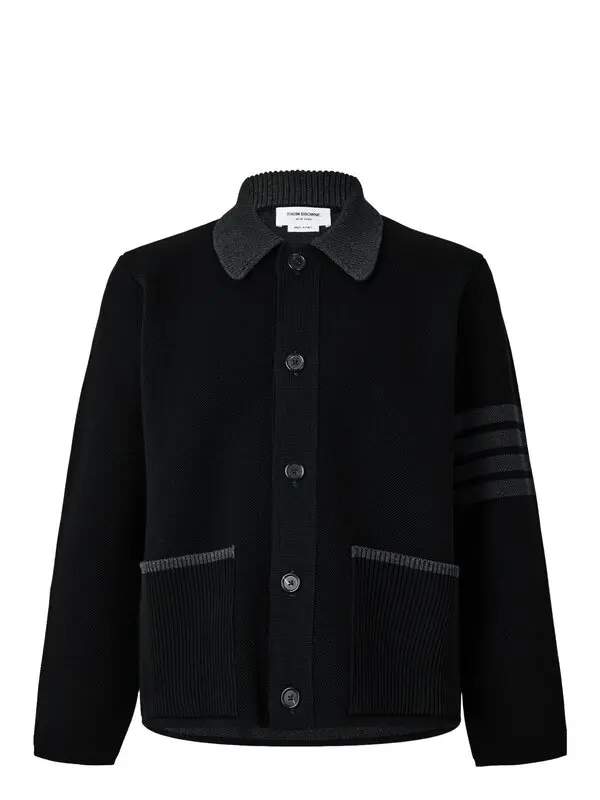 Thom Browne Knit Button-front Jacket With Textured Collar And Signature Stripes - Black