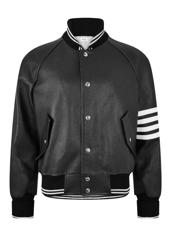 Thom Browne Grained Leather Varsity Jacket With Four-stripe Detail - Black