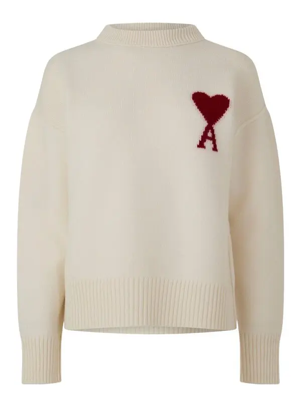 AMI Paris Off-white Crew-neck Knit Top With Embroidered Heart - No