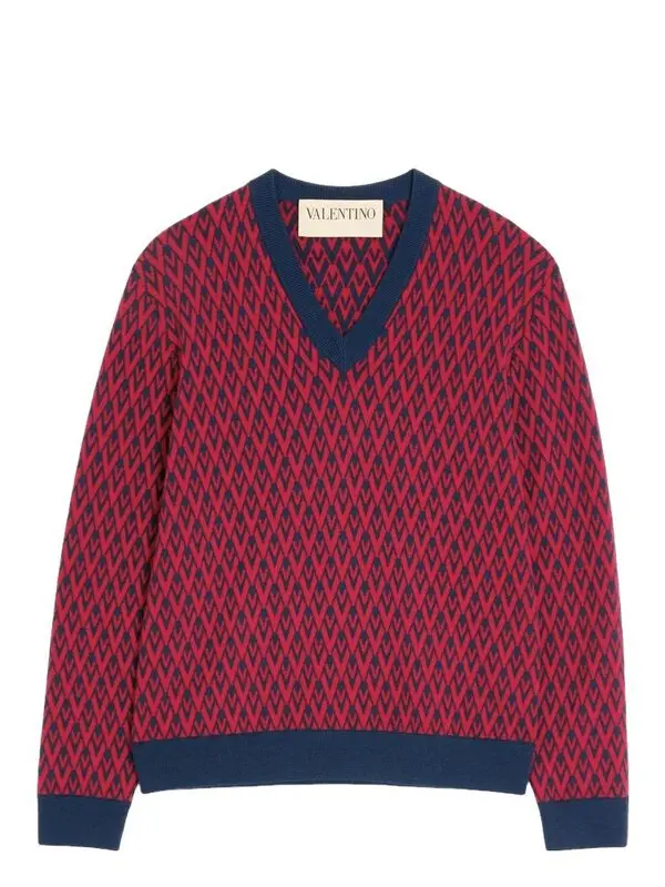 Valentino Garavani V-neck All-over Patterned Jumper - Navy Blue/raspberry