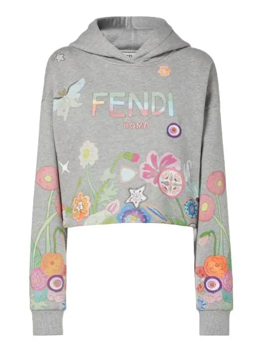 Fendi Cropped Floral Print Hoodie - Gray