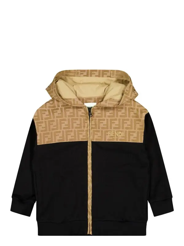Fendi Color-block Monogram Hooded Zip-up Jacket - Black