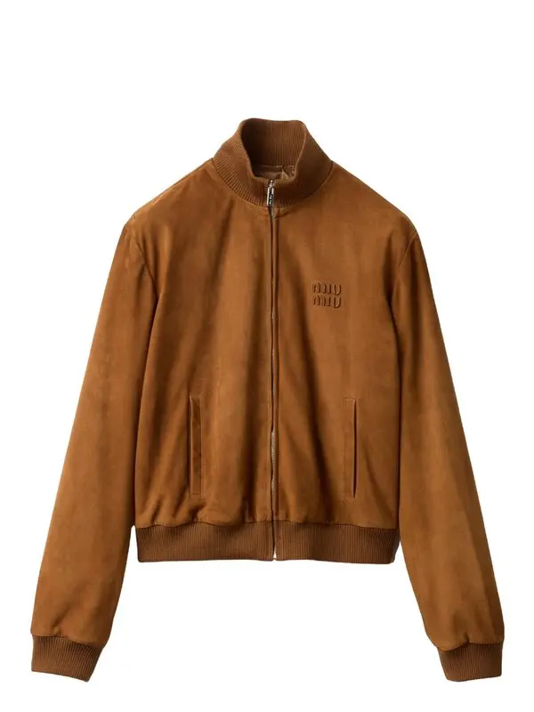 Miu Miu Waxed Suede Jacket With Knit Collar - Brown