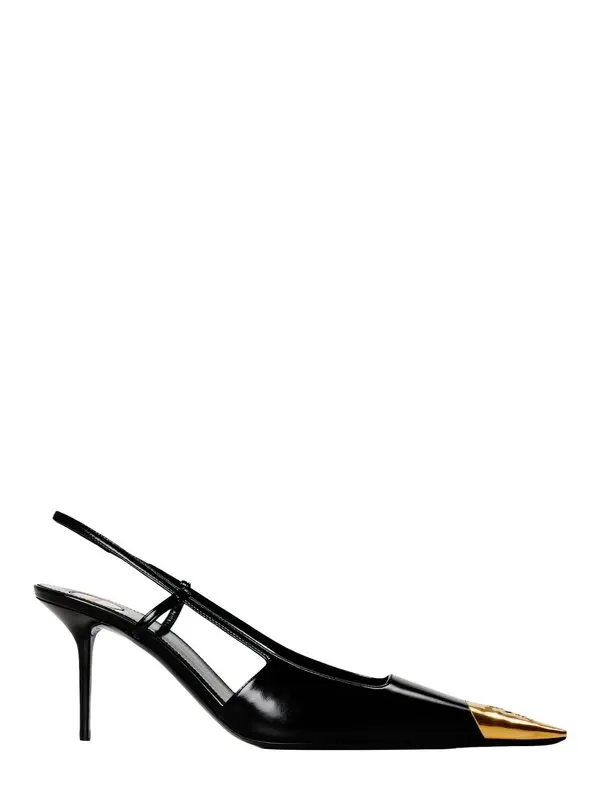 Saint Laurent Slingback High-heeled Pumps With Gold Tone Metal Toe Cap - Black