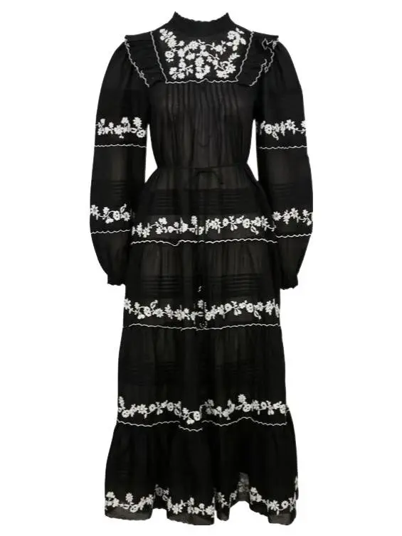 Farm Rio Embroidered Long Sleeve Maxi Dress - Black