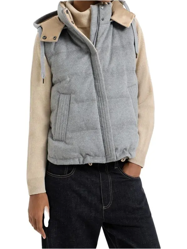Brunello Cucinelli Sleeveless Down Vest With Drawstring Hood - Gray