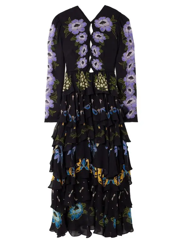 Farm Rio Floral-print Tiered Ruffled Dress - Black