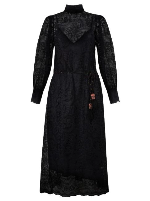 Farm Rio Lace High Neck Maxi Dress With Long Sleeves - Black