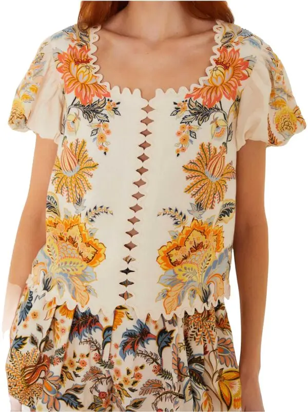 Farm Rio Floral-print Scallop-edge Top - Nude