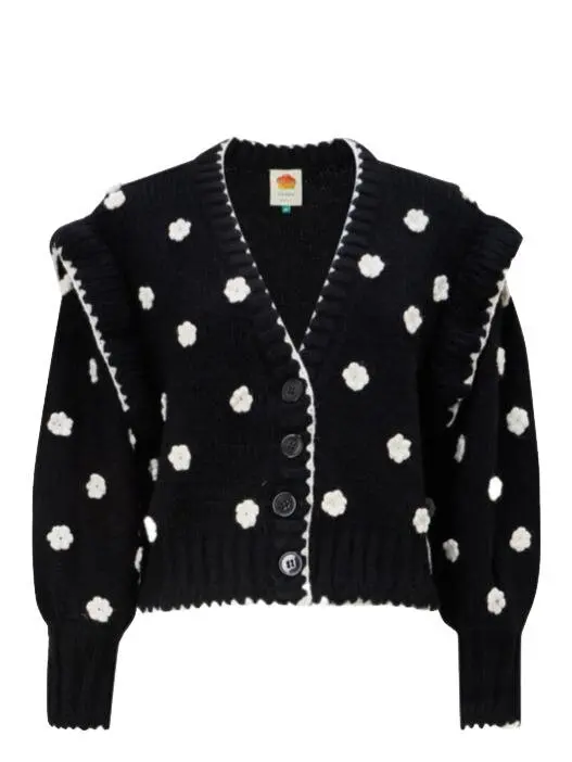 Farm Rio Flower Embellished Ruffled Cardigan - Black