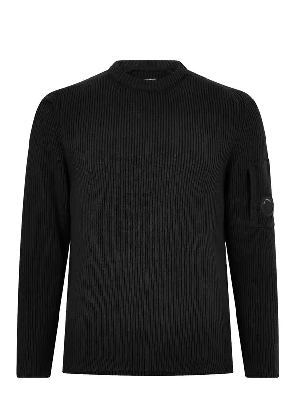 C.P. COMPANY Crew Neck Ribbed Knit Sweater With Utility Pocket - Black