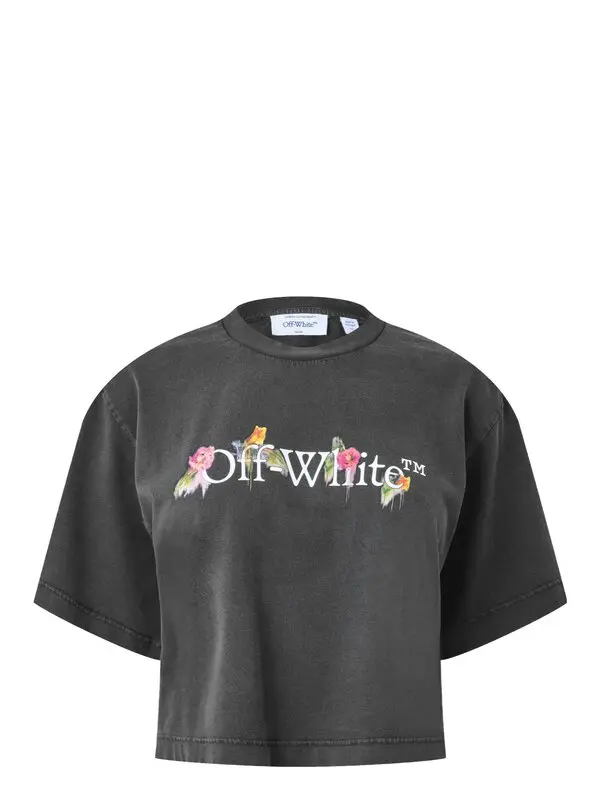 Off-White Floral Letter Print Cropped T-shirt - Black