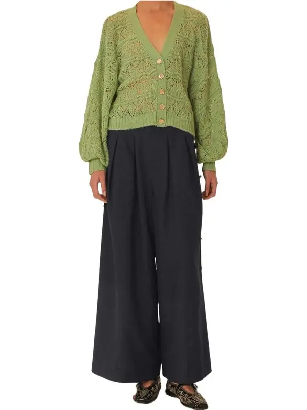 Farm Rio Button Detailed Wide Leg Pants - Black