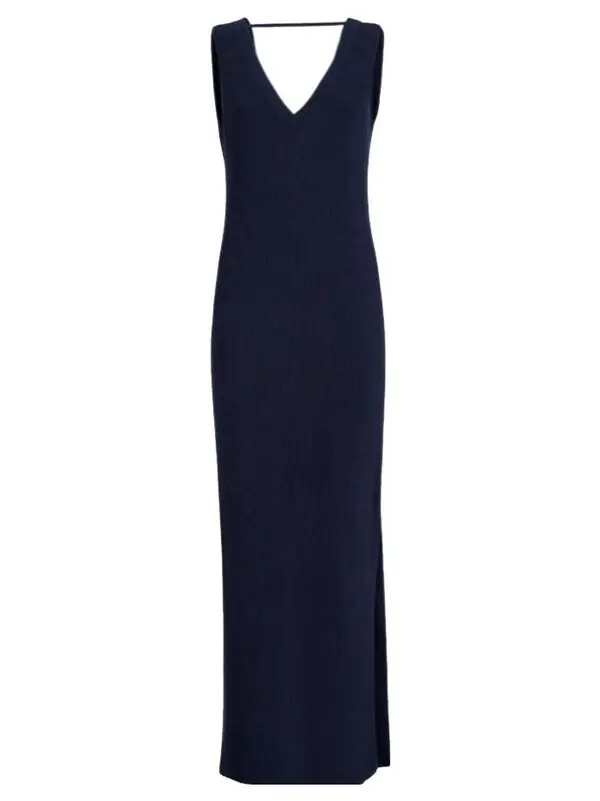 Brunello Cucinelli Ribbed-knit V-neck Maxi Dress With Monili Trim - Blue
