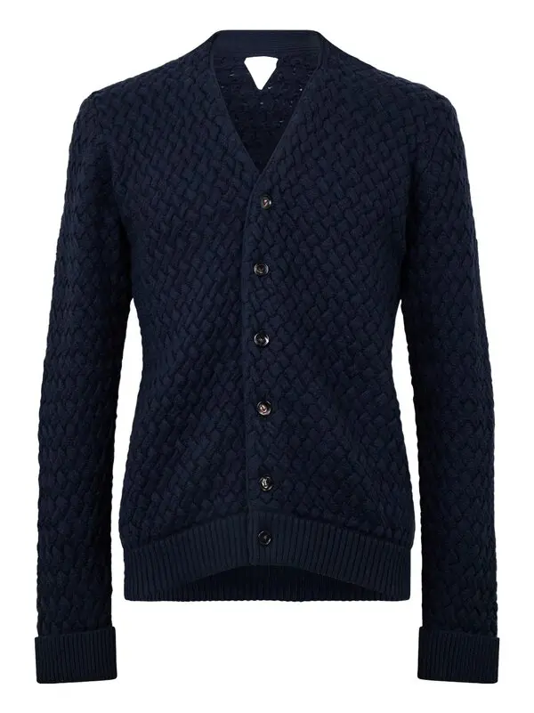 Bottega Veneta Navy V-neck Cable Knit Cardigan - Blue