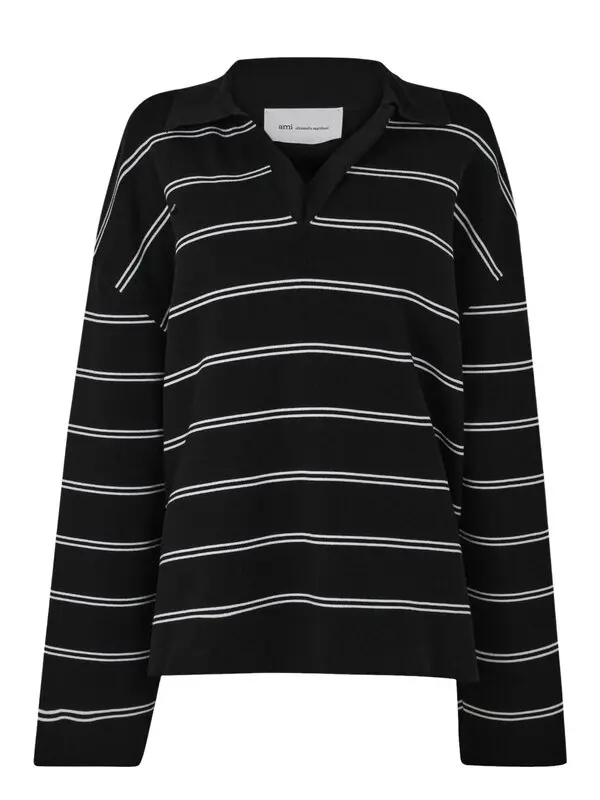 AMI Paris Striped Long Sleeve Polo Top - Black