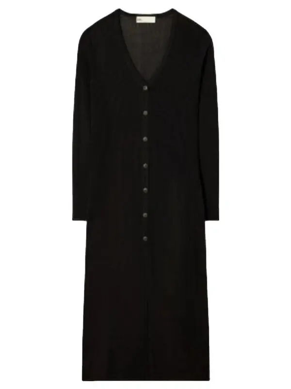 Tory Burch V-neck Long-sleeved Ribbed Knit Dress - Black