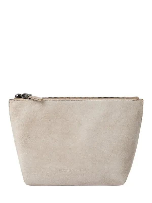 Brunello Cucinelli Suede Pouch With Shiny Zipper Pull - Light Gray