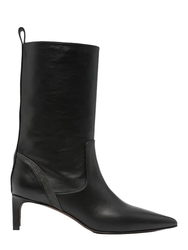 Brunello Cucinelli Mid-calf Pointed Toe Boots With Monili Chain - Black