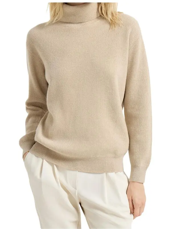 Brunello Cucinelli Cashmere English Rib Knit Turtleneck Sweater - Beige