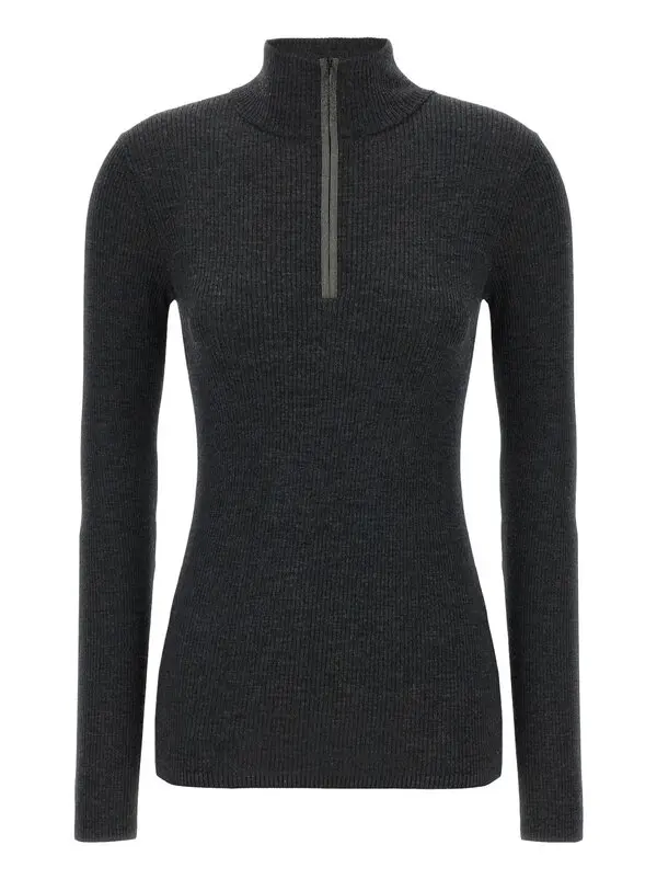 Brunello Cucinelli Ribbed Knit High Neck Top With Zip Detail - Anthracite