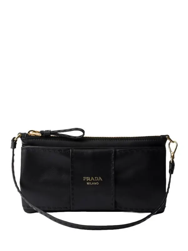 Prada Leather Zipper Clutch With Detachable Shoulder Strap - Black