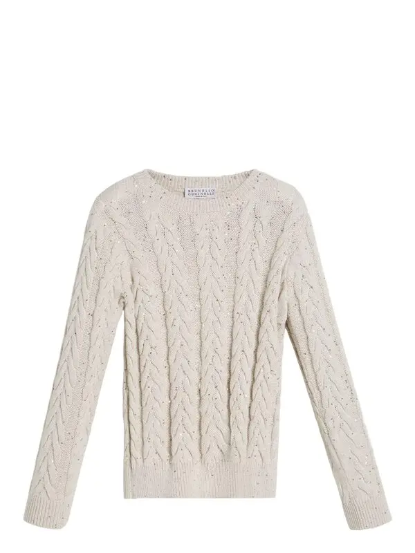 Brunello Cucinelli Dazzling Double-cable Sweater With Sequins - Oatmeal