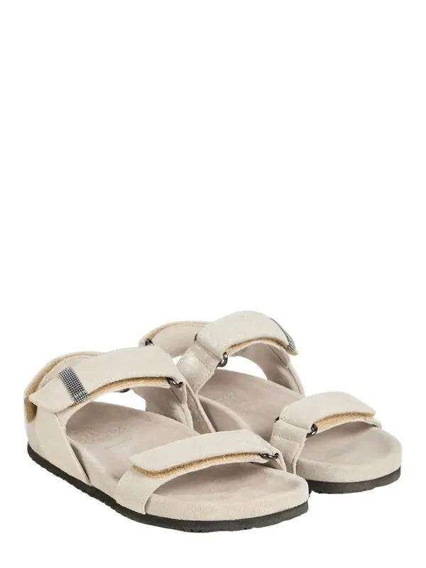 Brunello Cucinelli Lamé Monili Leather Sandals - Beige